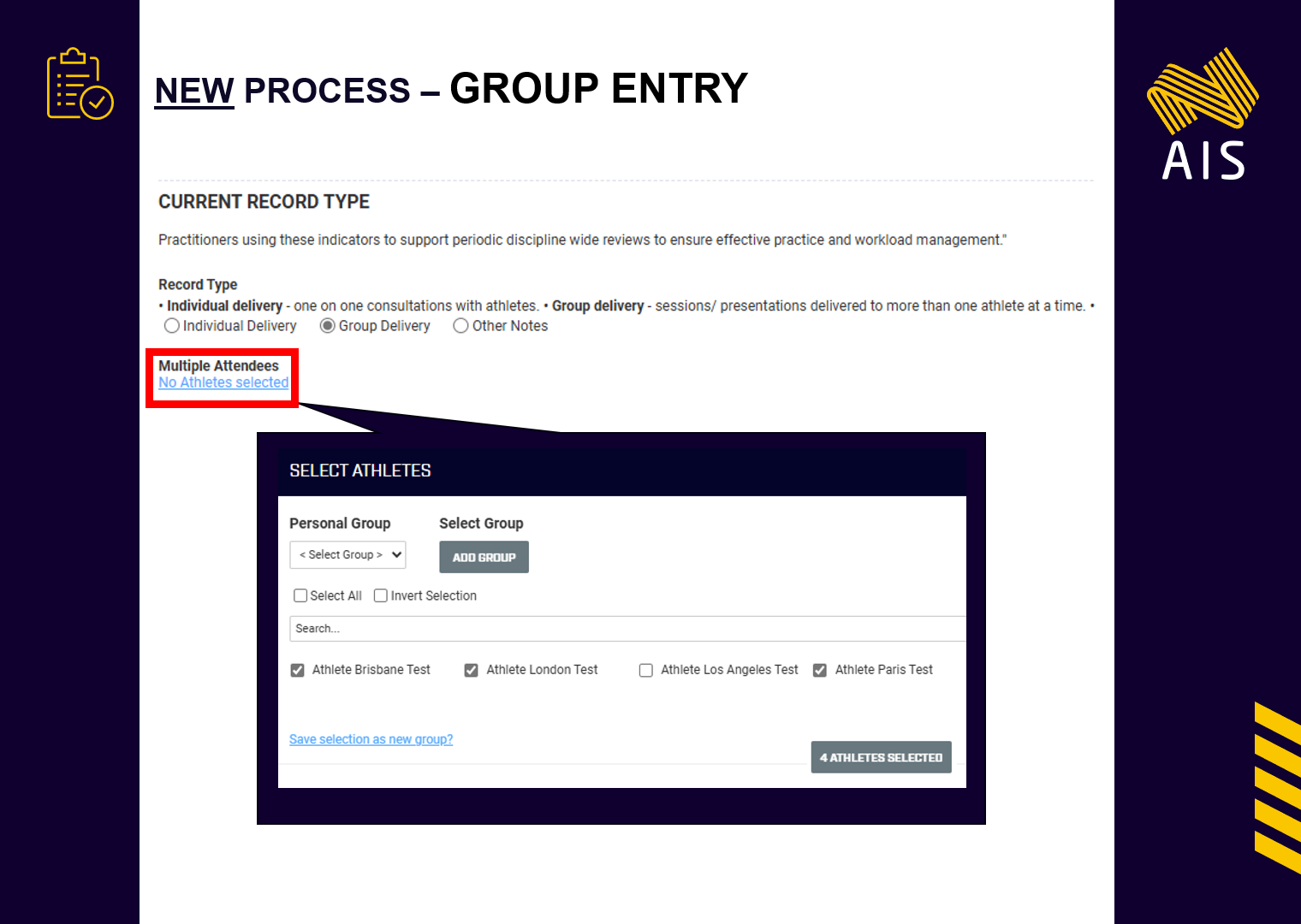 NEW: Group Delivery - Data Entry – Australian Institute of Sport